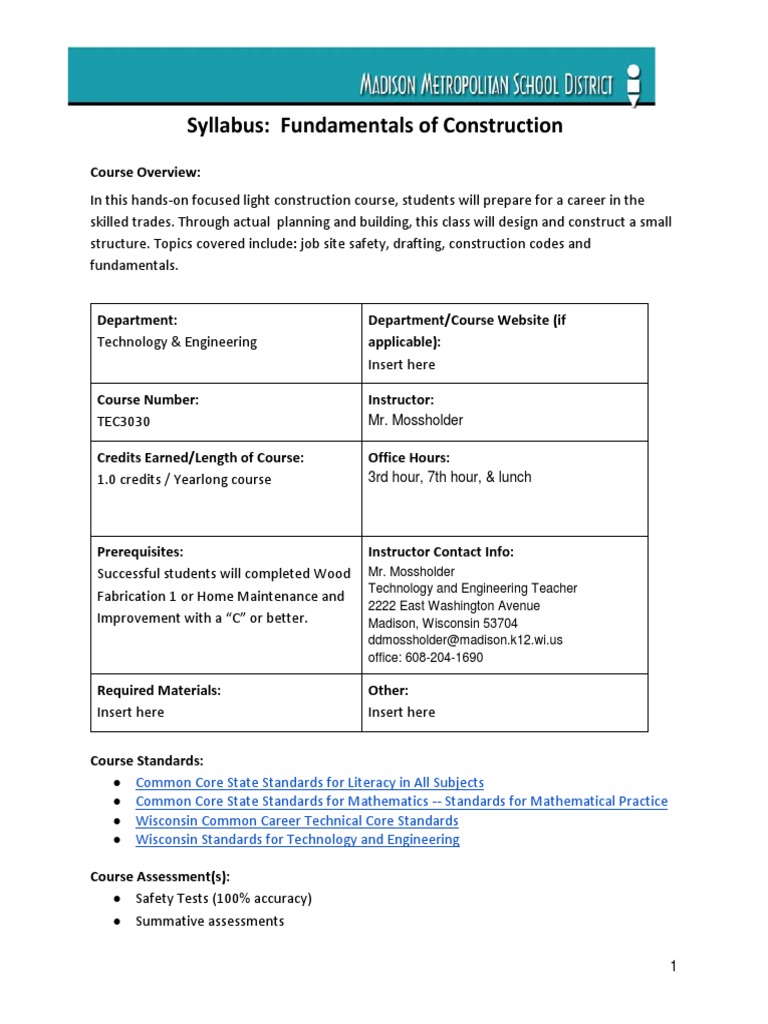 Construction Fundamentals Syllabus | PDF | Common Core State Standards ...