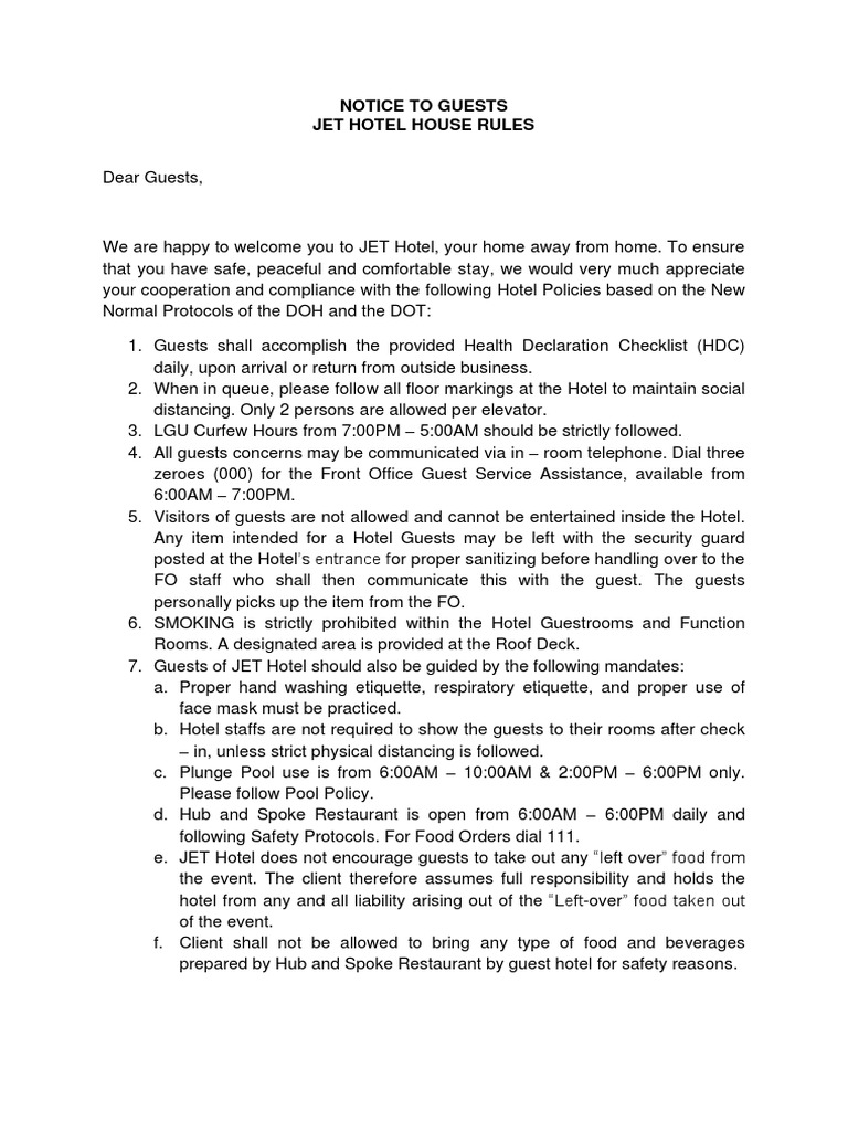 Notice To Guests Jet Hotel House Rules | PDF | Hotel | Foods
