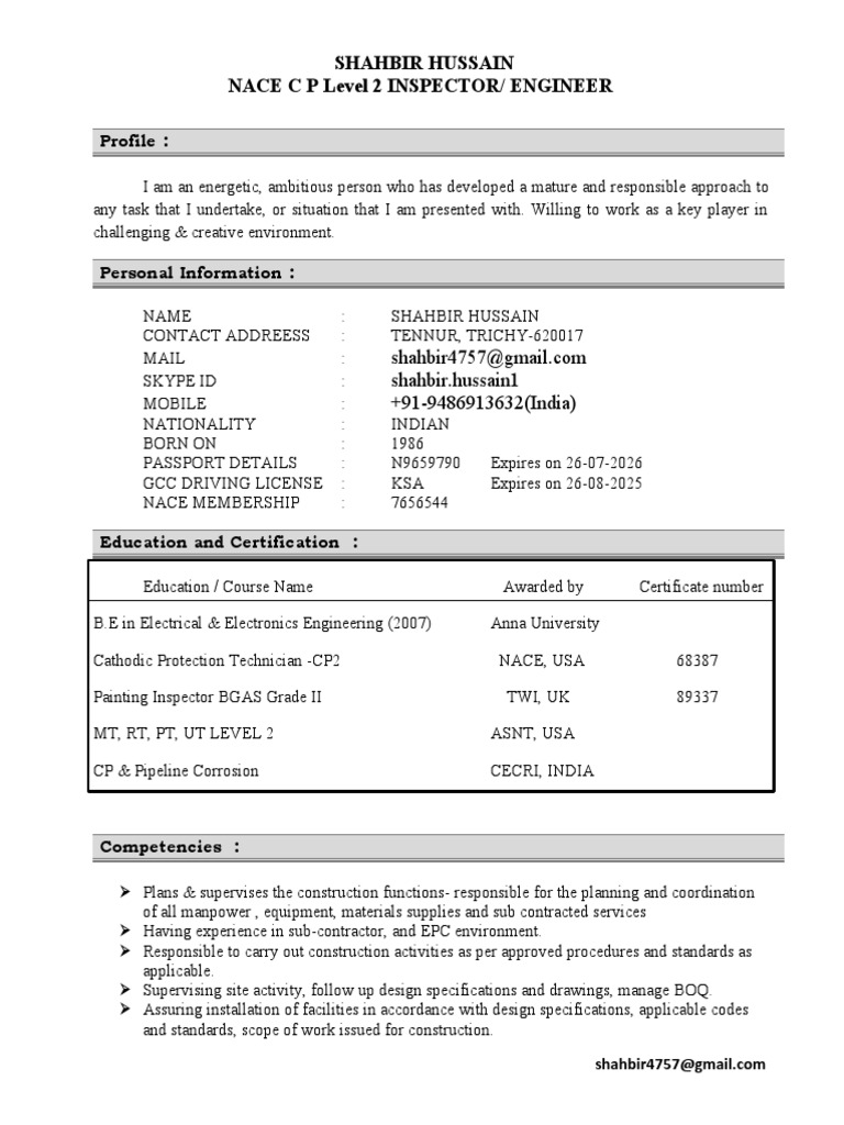 Shahbir Hussain Nace C P Level 2 Inspector/ Engineer:: Profile | PDF ...