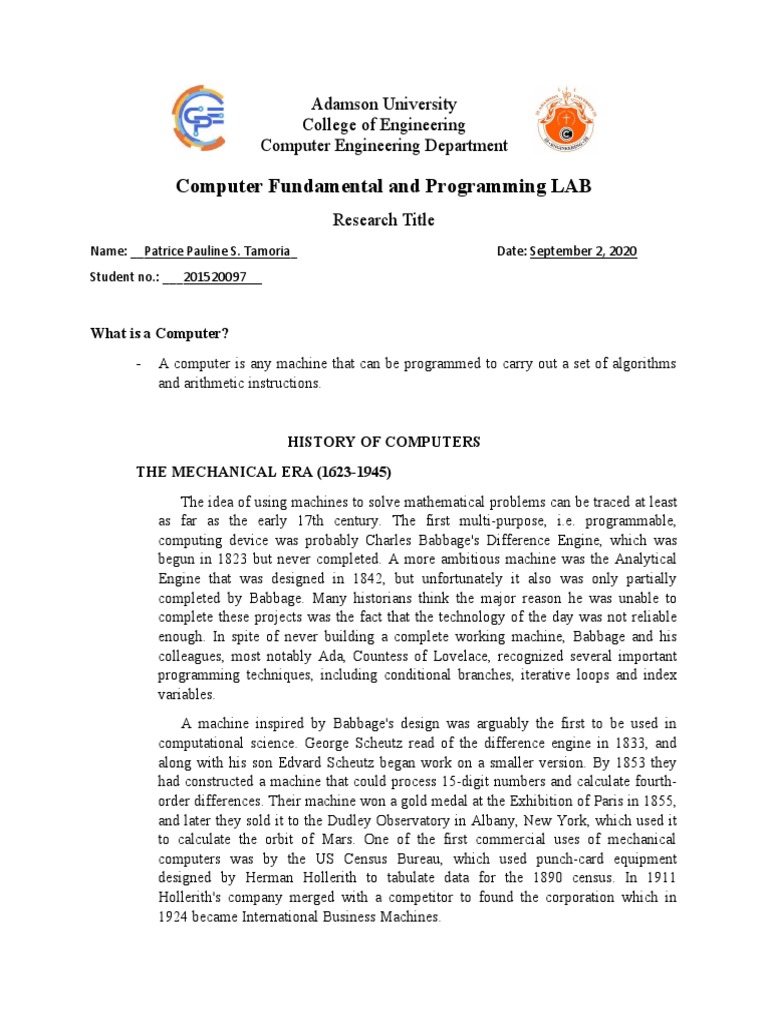 Computer Fundamental and Programming LAB: Adamson University College of ...