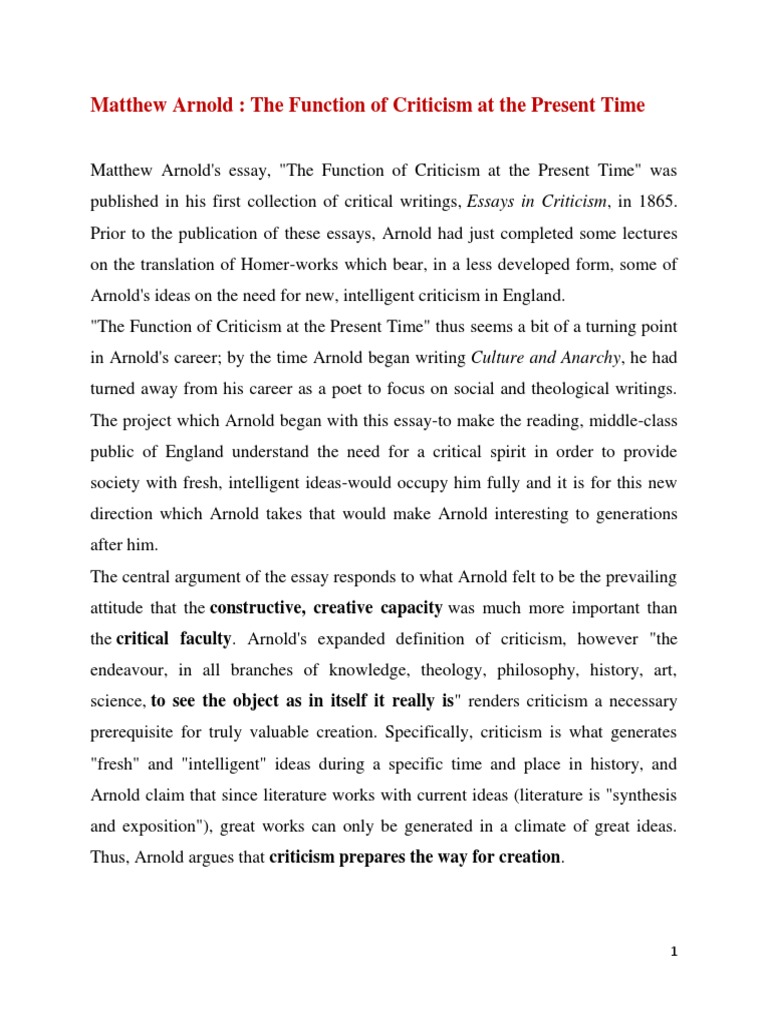 Matthew Arnold: The Function of Criticism at The Present Time | PDF | Criticism | Modernity