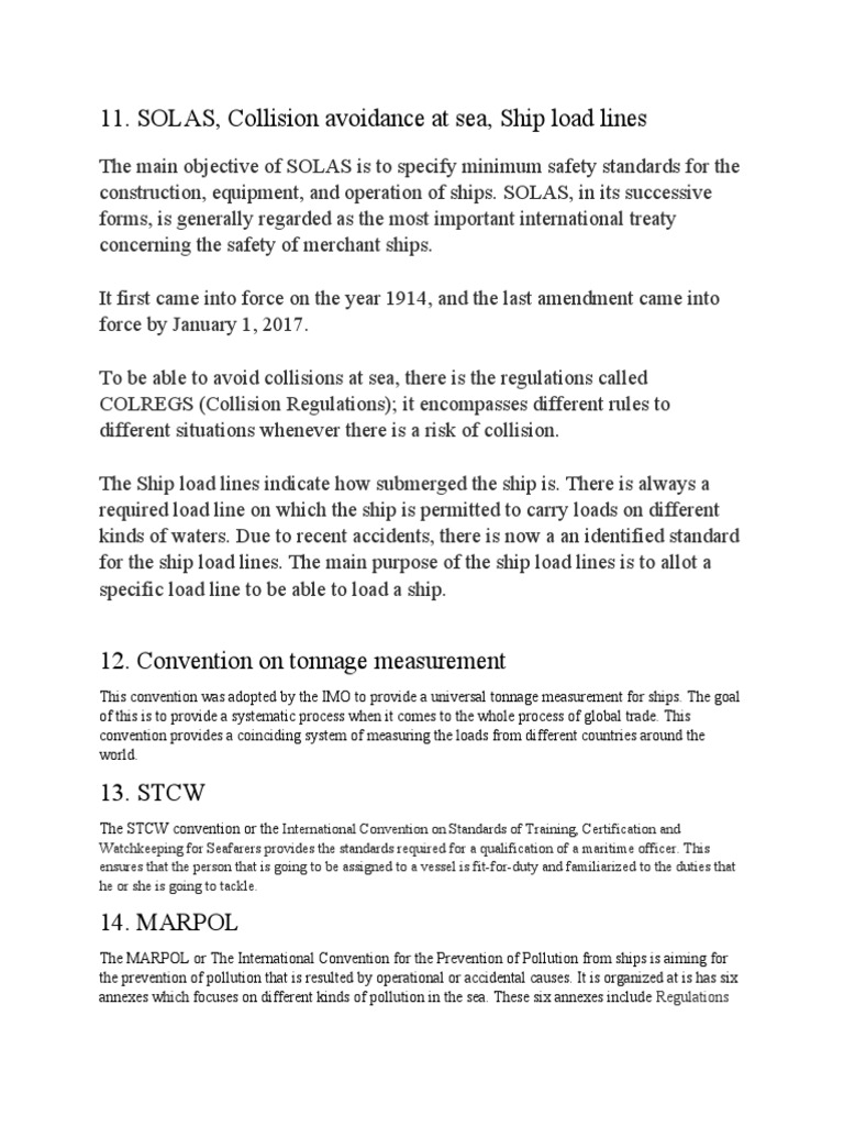 SOLAS, Collision Avoidance at Sea, Ship Load Lines: Regulations | PDF ...