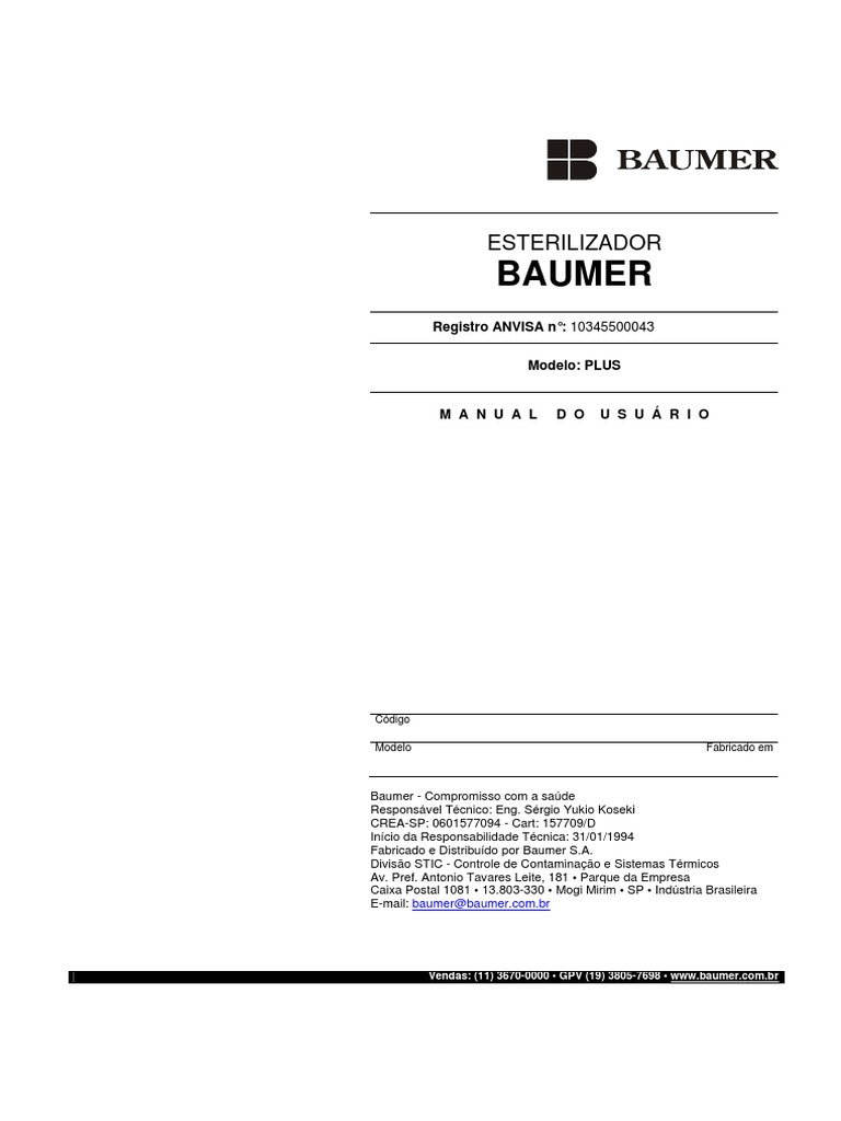 Baumer - Autoclave - Plus - User Manual | PDF | Esterilização ...