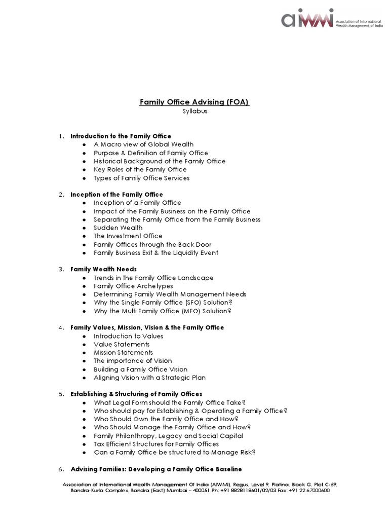 Certificate in Family Office Advising CFOA Syllabus | PDF | Outsourcing ...