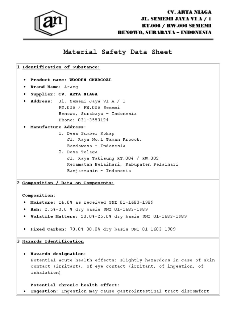 Wood Charcoal MSDS Safety Sheet | PDF | Combustion | Firefighting