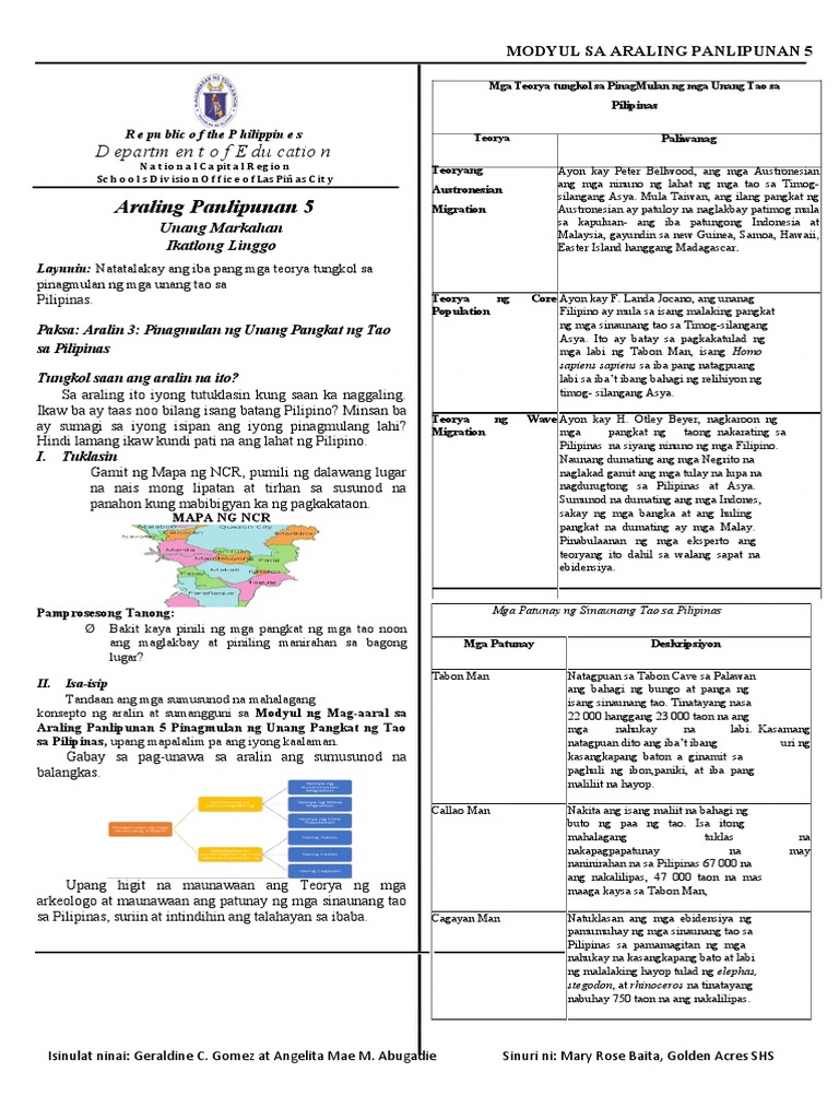 AP5 Q1 Aralin 3 Pinagmulan NG Unang Pangkat NG Tao Sa Pilipinas | PDF