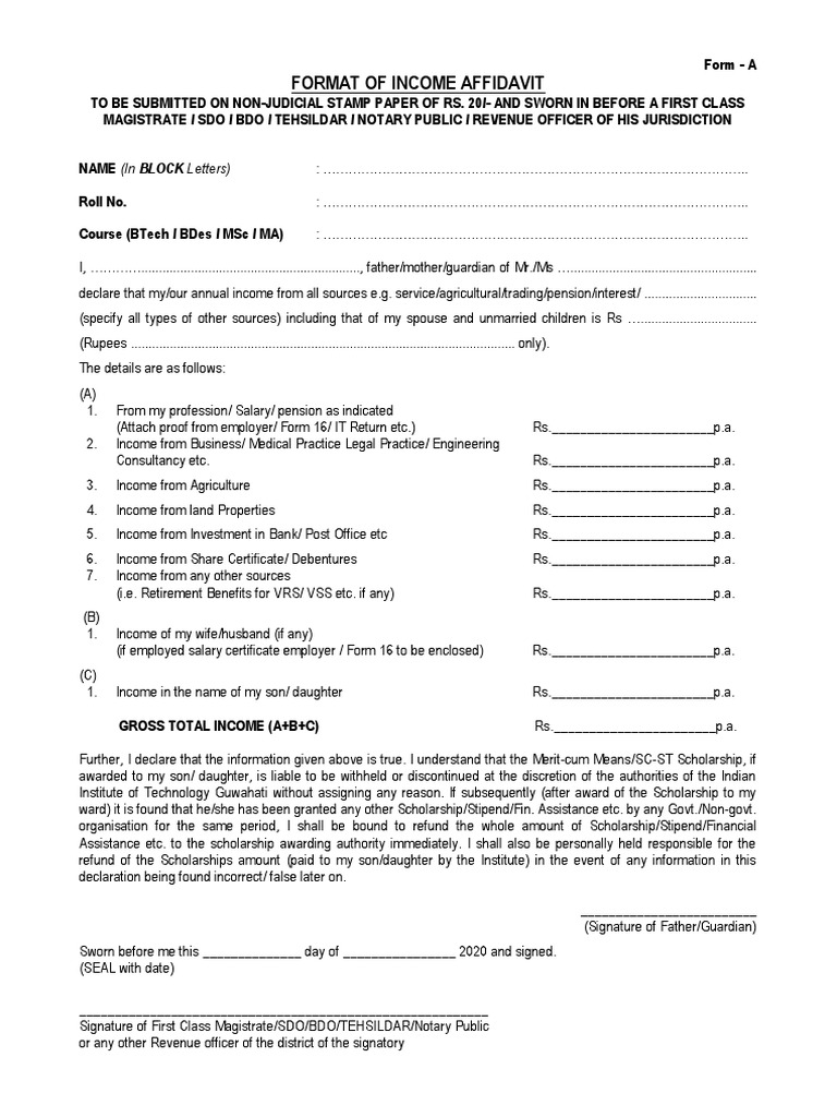 Format of Income Affidavit For MCM & SC-ST Scholarship (4833) PDF | PDF | Government | Economies