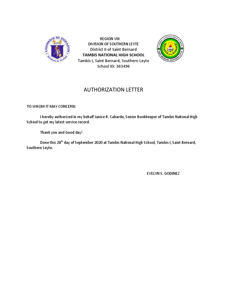 Authorization Letter: District II of Saint Bernard Tambis I, Saint ...
