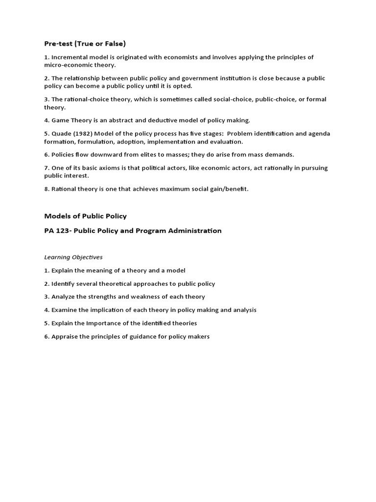 Pre Test (True or False) : Learning Objectives | PDF | Public Choice ...