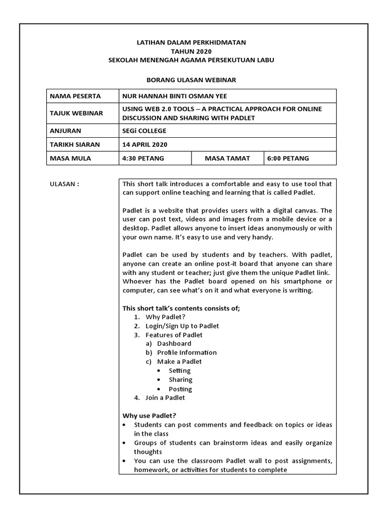 BORANG ULASAN WEBINAR - Using Web 2.0 Tools - A Practical Approach For Online Discussion and ...