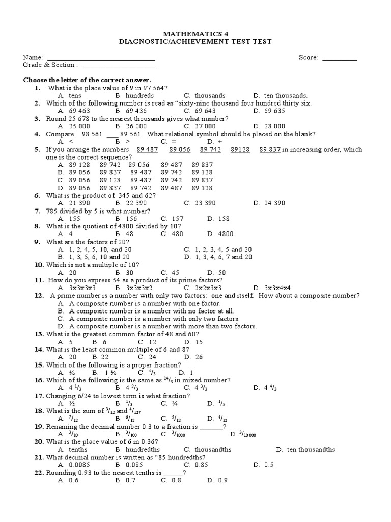 Pre-Test - Mathematics 4 | PDF | Elementary Mathematics | Elementary ...