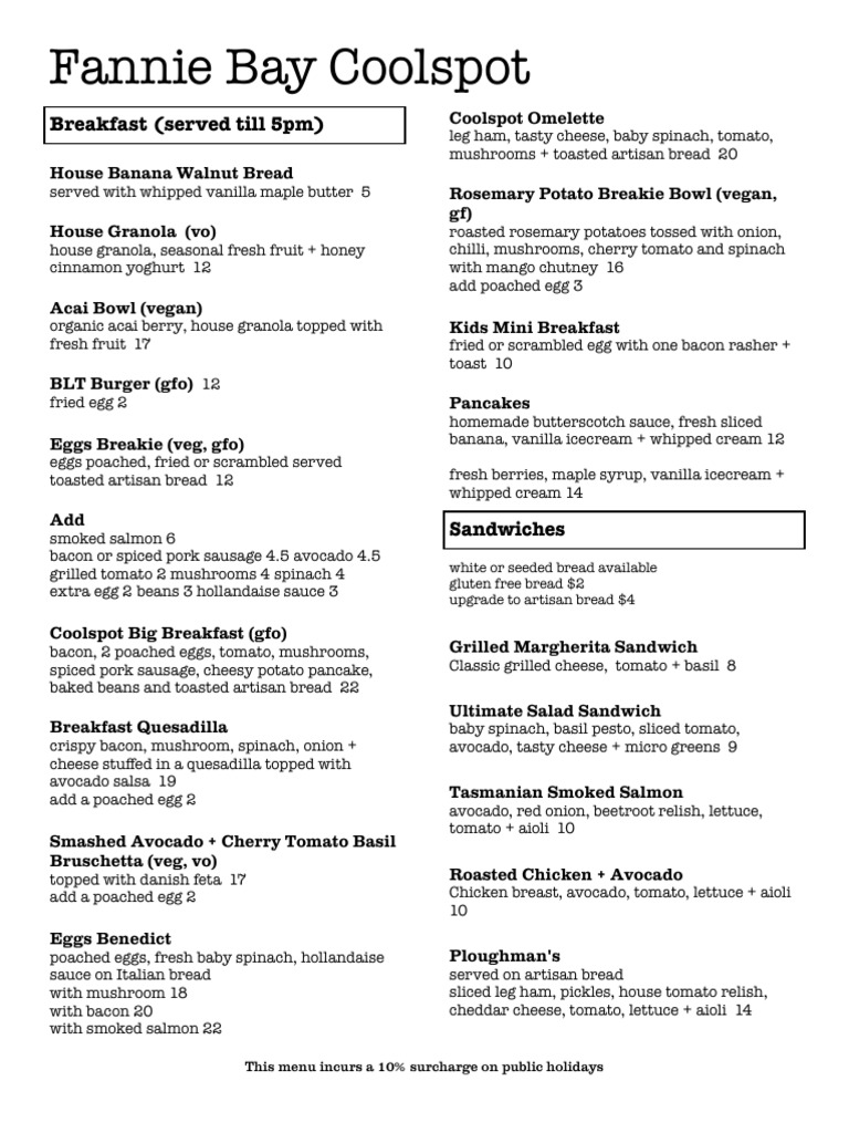 Fannie Bay Coolspot Breakfast and Lunch Menu | PDF | Hamburgers | Salad