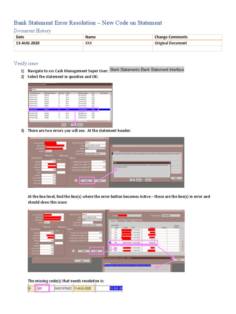 Oracle eBS Cash Management - Bank Statement Error Resolution Steps | PDF