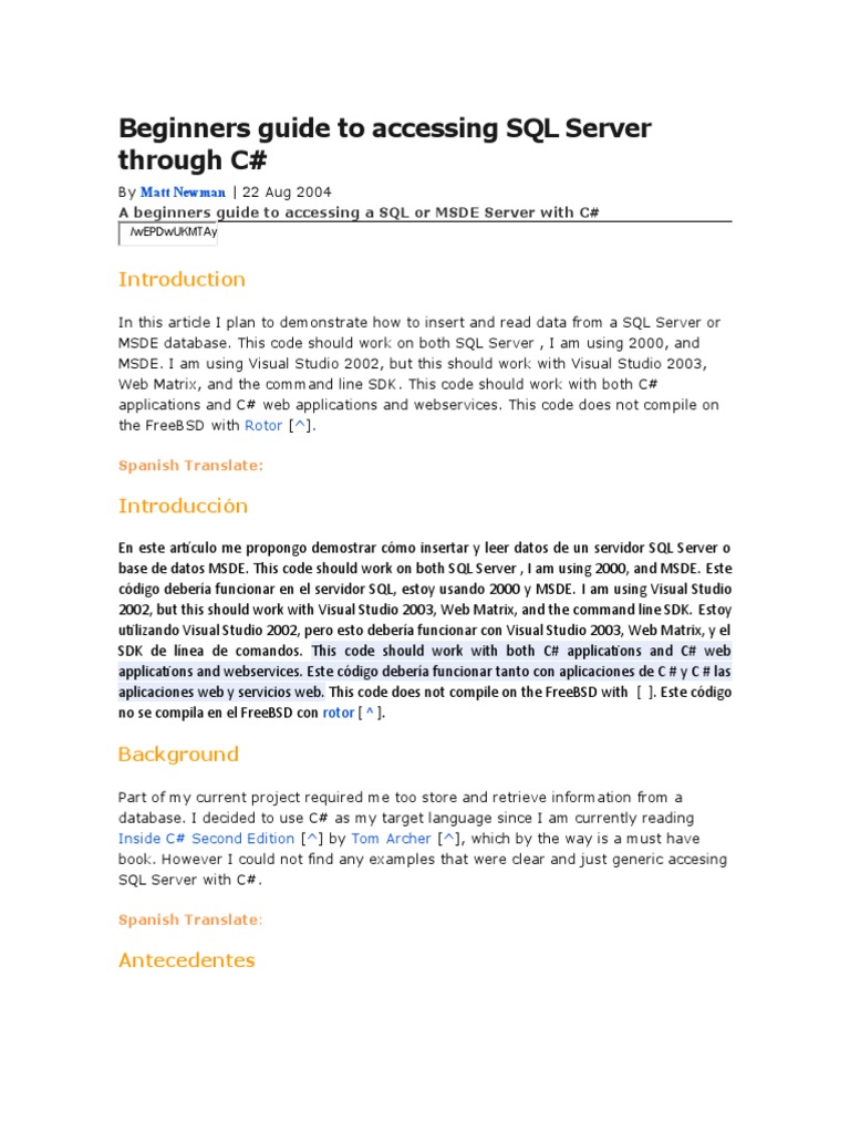 SPANISH - Beginners Guide To Accessing SQL Server Through C# | PDF | Internet Information ...
