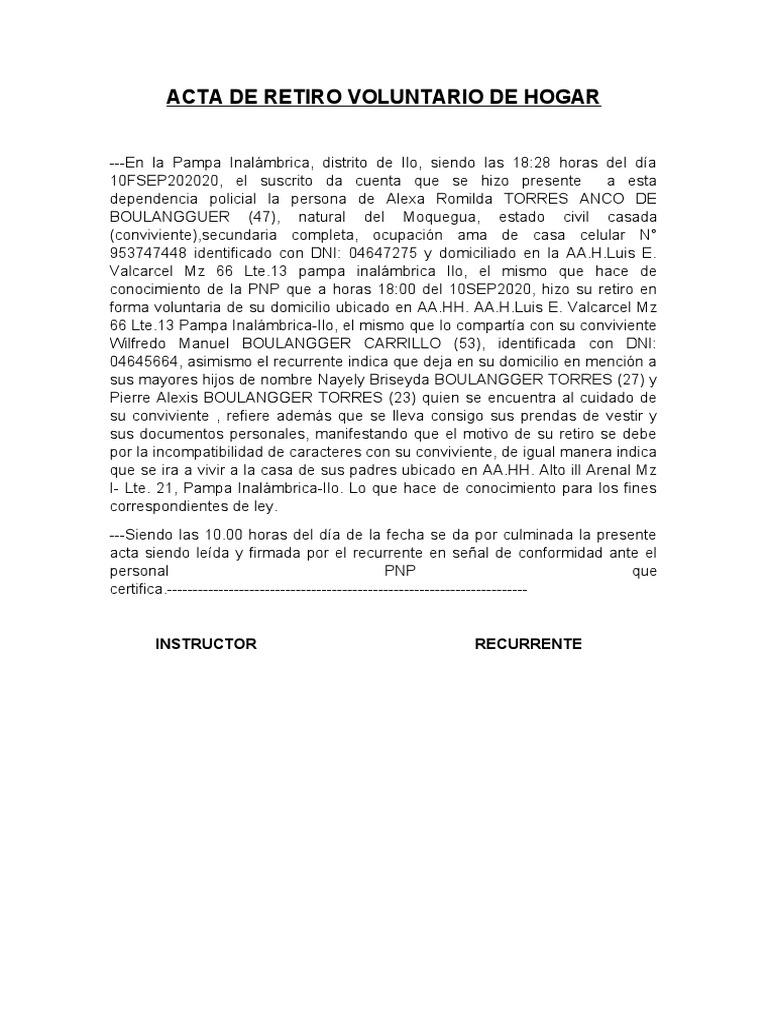 Acta de Retiro Voluntario de Hogar | PDF