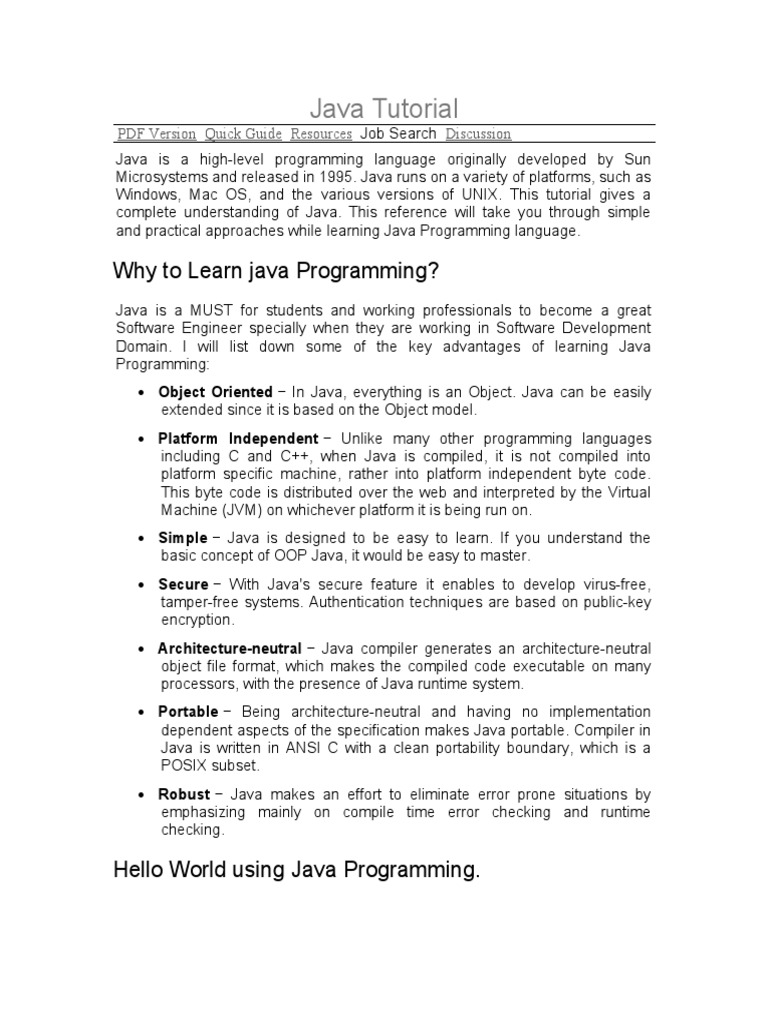 Java Tutorial: Why To Learn Java Programming? | PDF