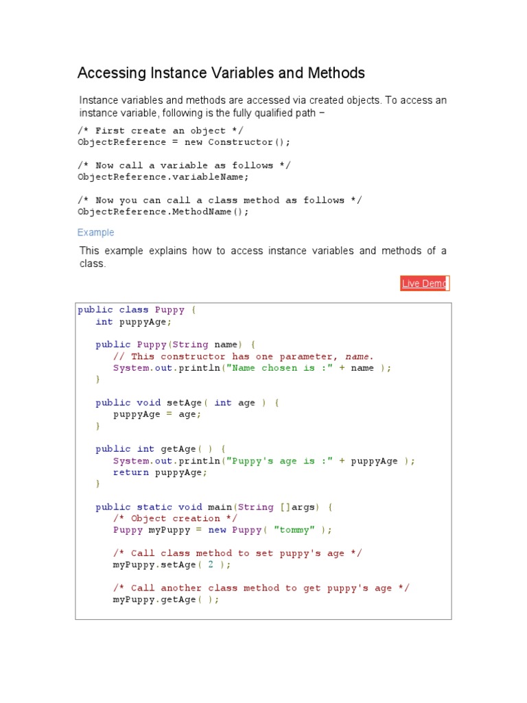 Accessing Instance Variables and Methods | PDF | Class (Computer Programming) | Java ...
