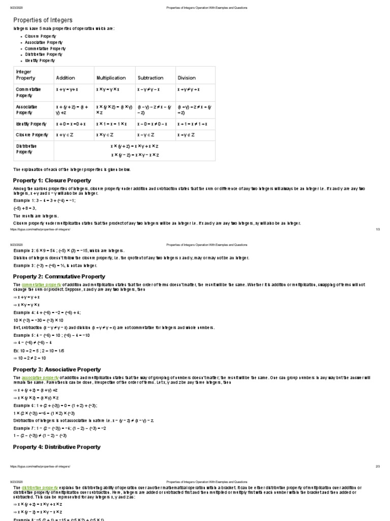 Properties of Integers Operation With Examples and Questions | PDF ...