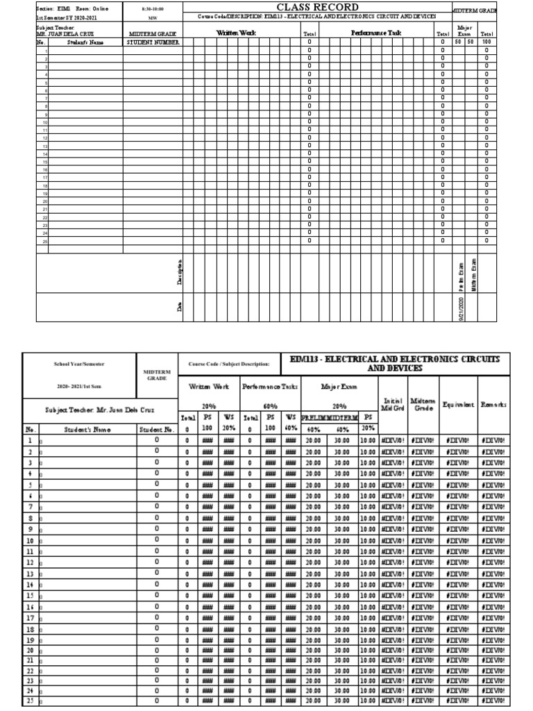 Class Record Template First Sem S.Y 2020 2021 | PDF | Learning ...