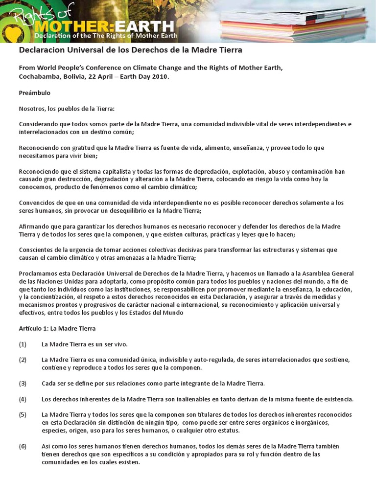 Declaración Universal de Los Derechos de La Madre Tierra | PDF | Tierra | Contaminación