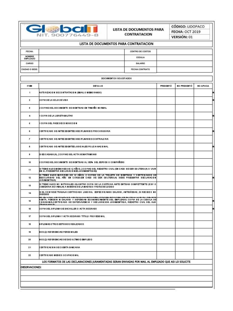 Lista de Documentos para Contratacion | PDF | Gobierno y personalidad | Labor