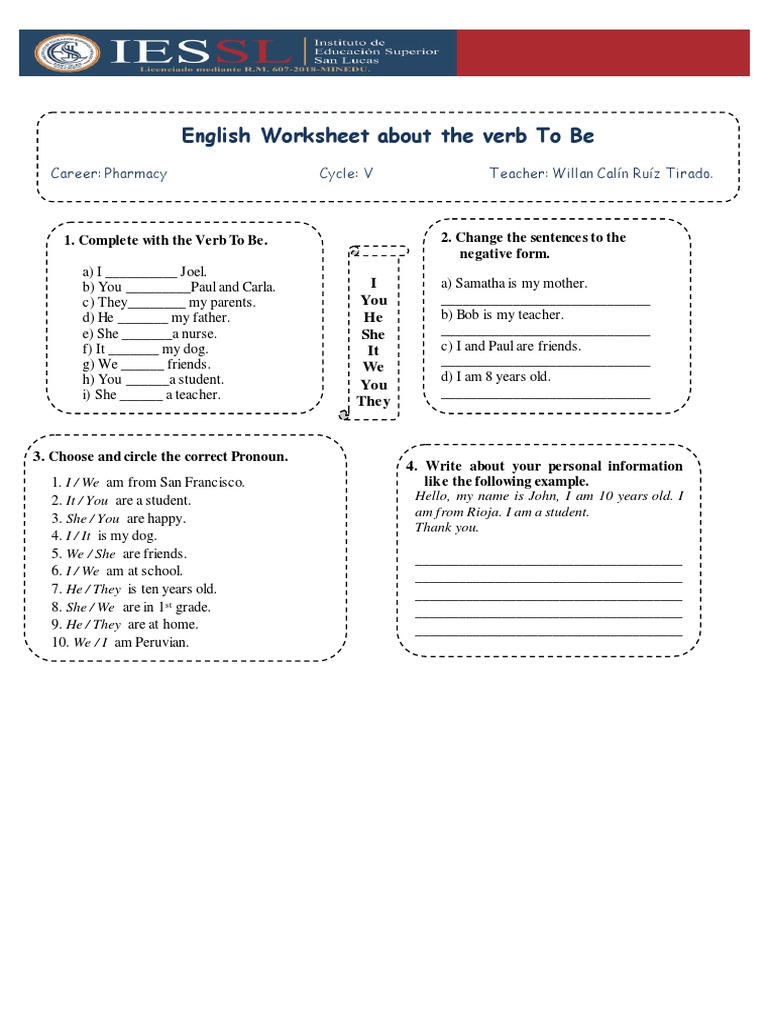 English Worksheet About The Verb To Be: I You He She It We You They | PDF