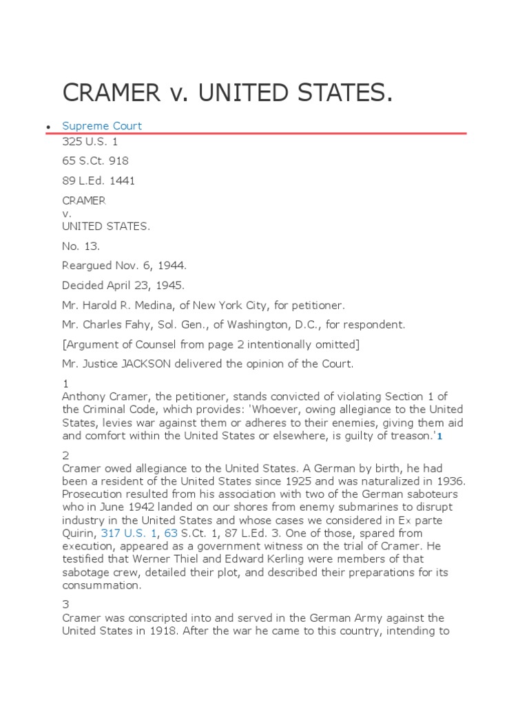 Cramer v. United States: Treason Case | PDF | Treason | Evidence (Law)