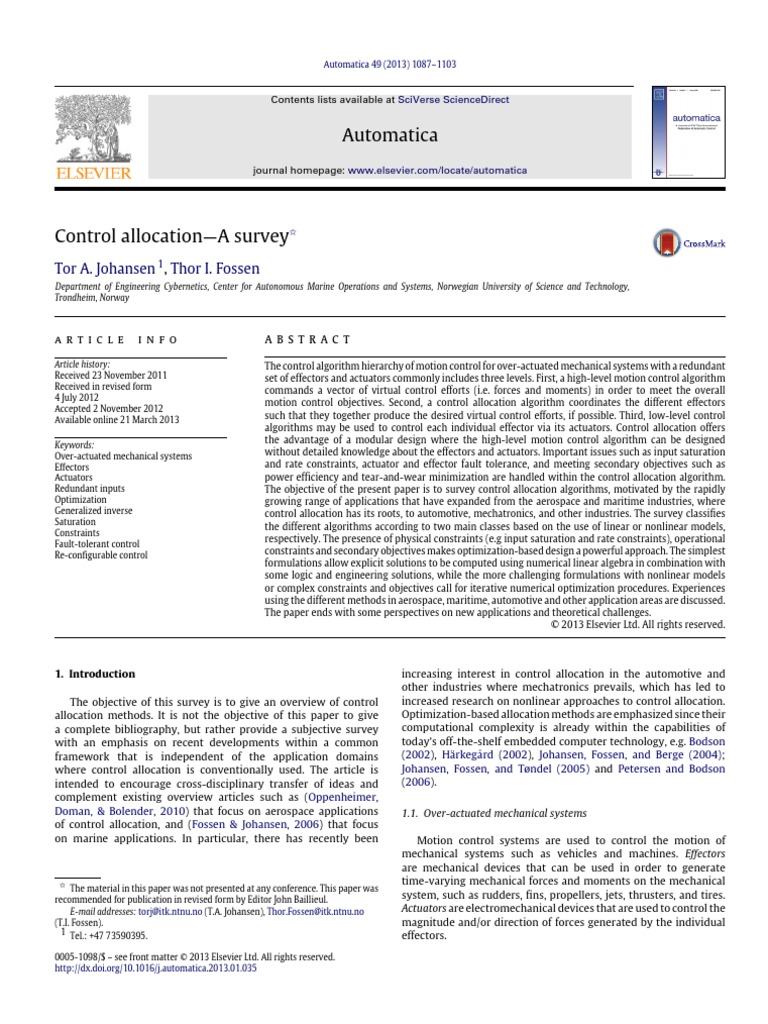 Control Allocation - A Survey | PDF | Linear Programming | Mathematical ...