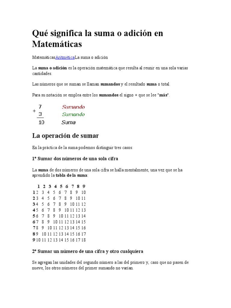 Qué Significa La Suma o Adición en Matemáticas | PDF