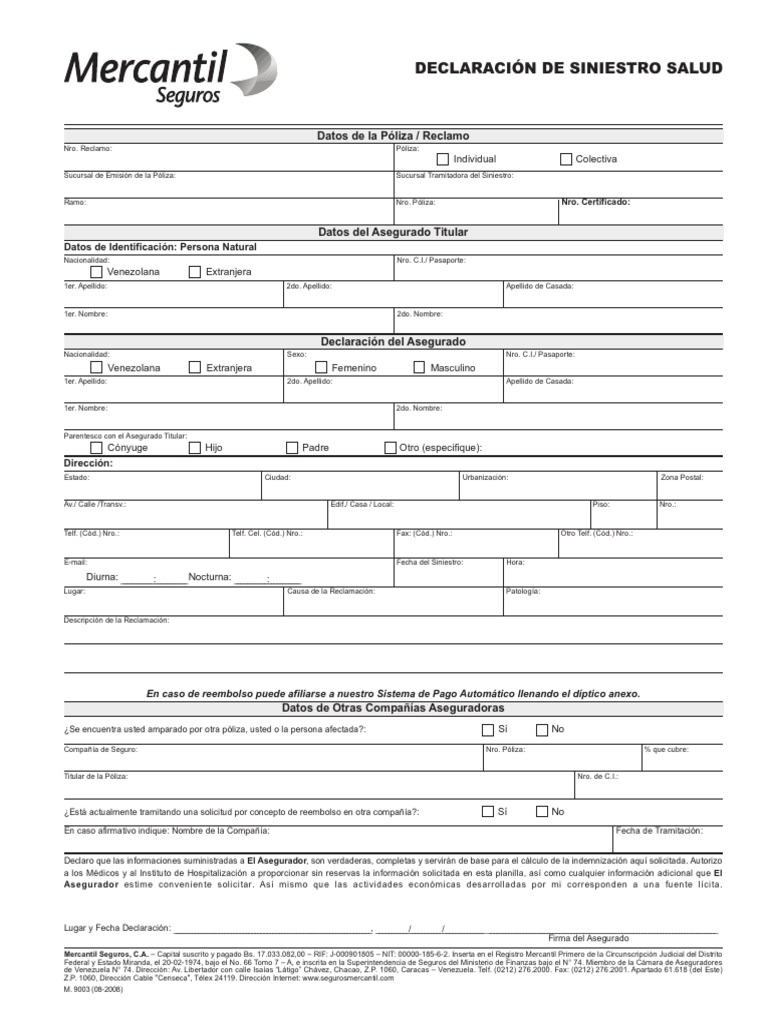 Planilla Mercantil Seguros PDF | PDF | Póliza de seguros | Especialidades Medicas