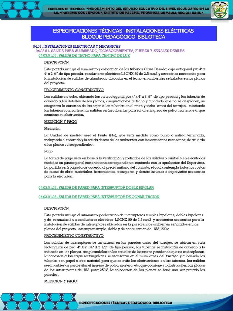 Especificaciones Tecnicas Instalacion Electricas Pedagogico PDF | PDF | Diodo emisor de luz | Cobre