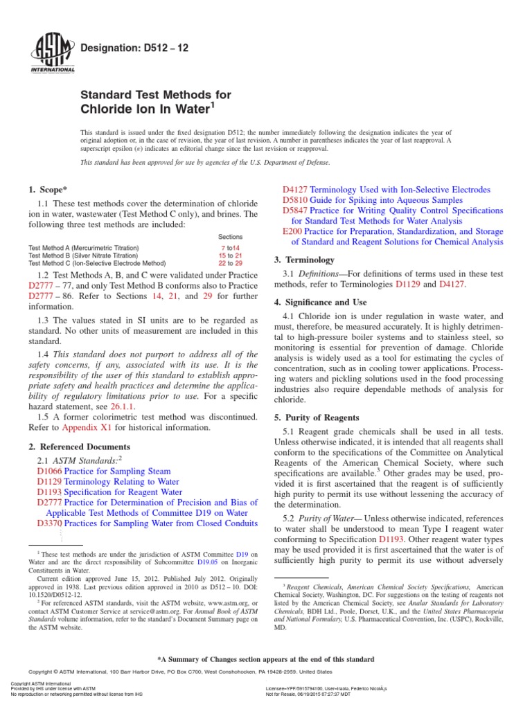 Astm D512 - 12 - Cloruros en Agua | PDF | Titration | Chemistry