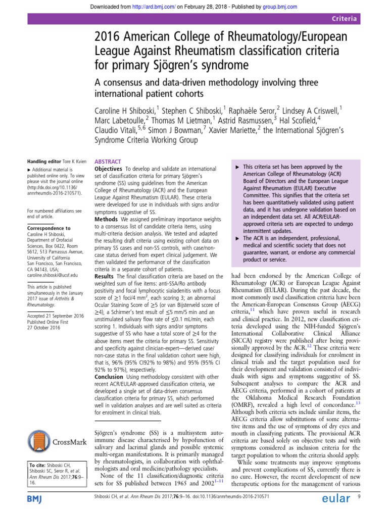 Sjögren's Syndrome Classification Criteria | PDF | Receiver Operating ...