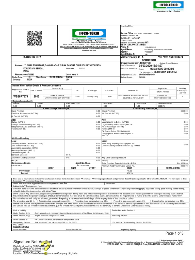 Kaushik Dey Master Policy #: 1-1Crq6Ygh MD193274: Signature Not ...