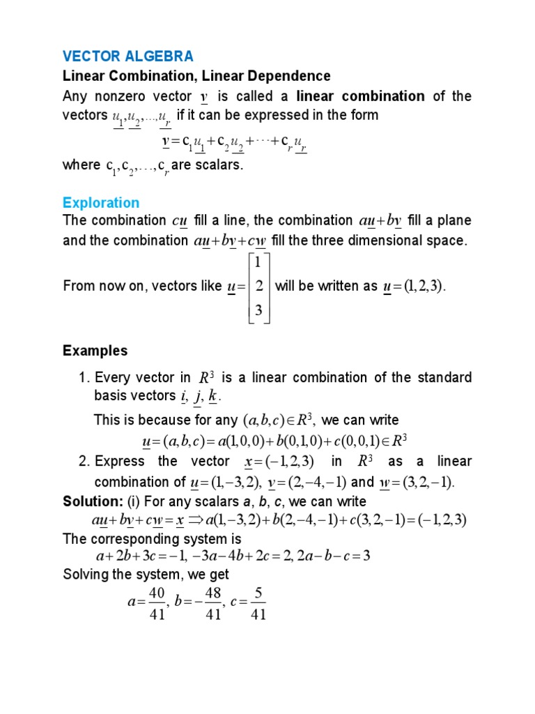 Linear Combination, Linear Dependence: Vector Algebra | PDF | Vector ...
