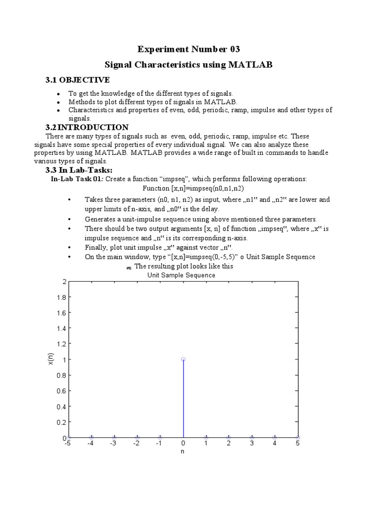 Experiment Number 03 Signal Characteristics Using MATLAB: 3.1 Objective | PDF | Discrete Time ...