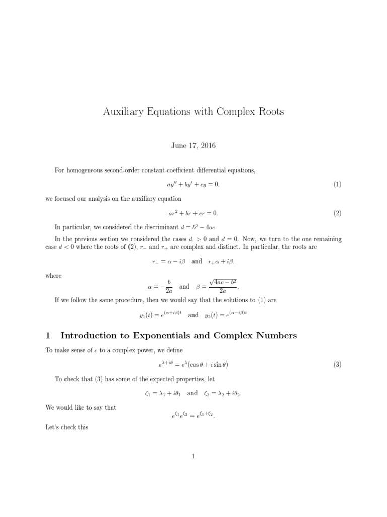 Auxiliary Equations With Complex Roots: 1 Introduction To Exponentials ...