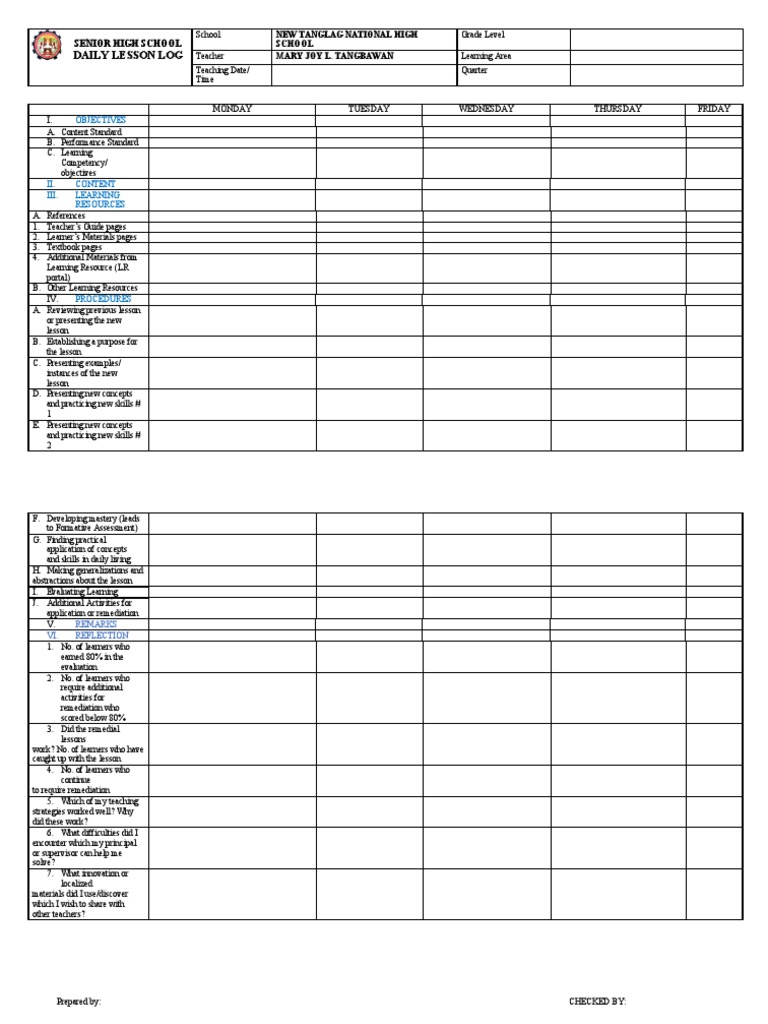 Daily Lesson Log Template for Teachers | PDF