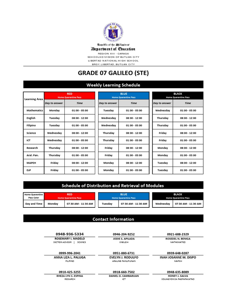 Grade 07 Galileo (Ste) : Weekly Learning Schedule | PDF
