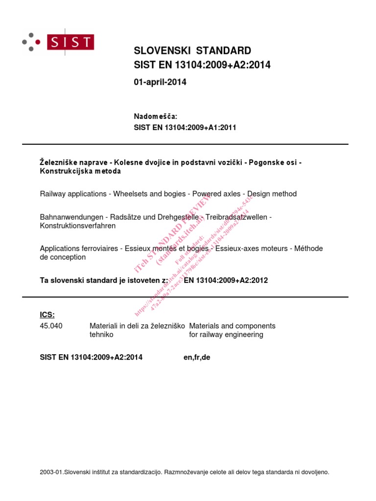 Sist en 13104 2009 A2 2014 | PDF | Transportation Engineering | Railway