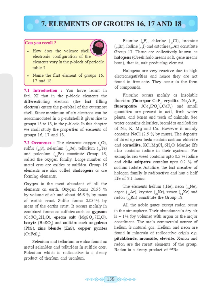 Elements of Group 16,17 and 18 | PDF | Chlorine | Fluorine
