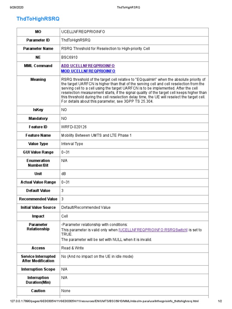 Thdtohighrsrq: Add Ucellnfreqprioinfo | PDF | Lte (Telecommunication) | Parameter (Computer ...
