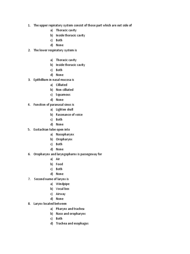 MCQS OF RESPIRATORY SYSTEM - Detail | PDF | Respiratory Tract | Thorax ...