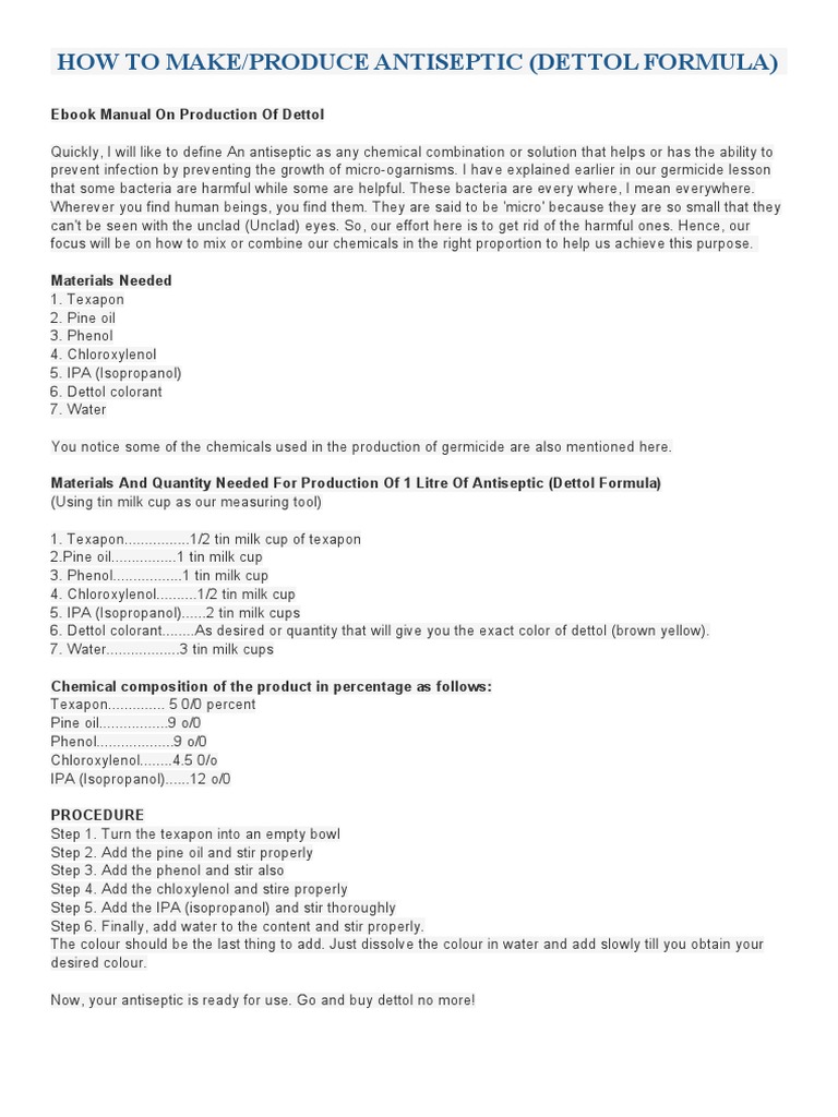 How To Make/Produce Antiseptic (Dettol Formula) : Ebook Manual On ...