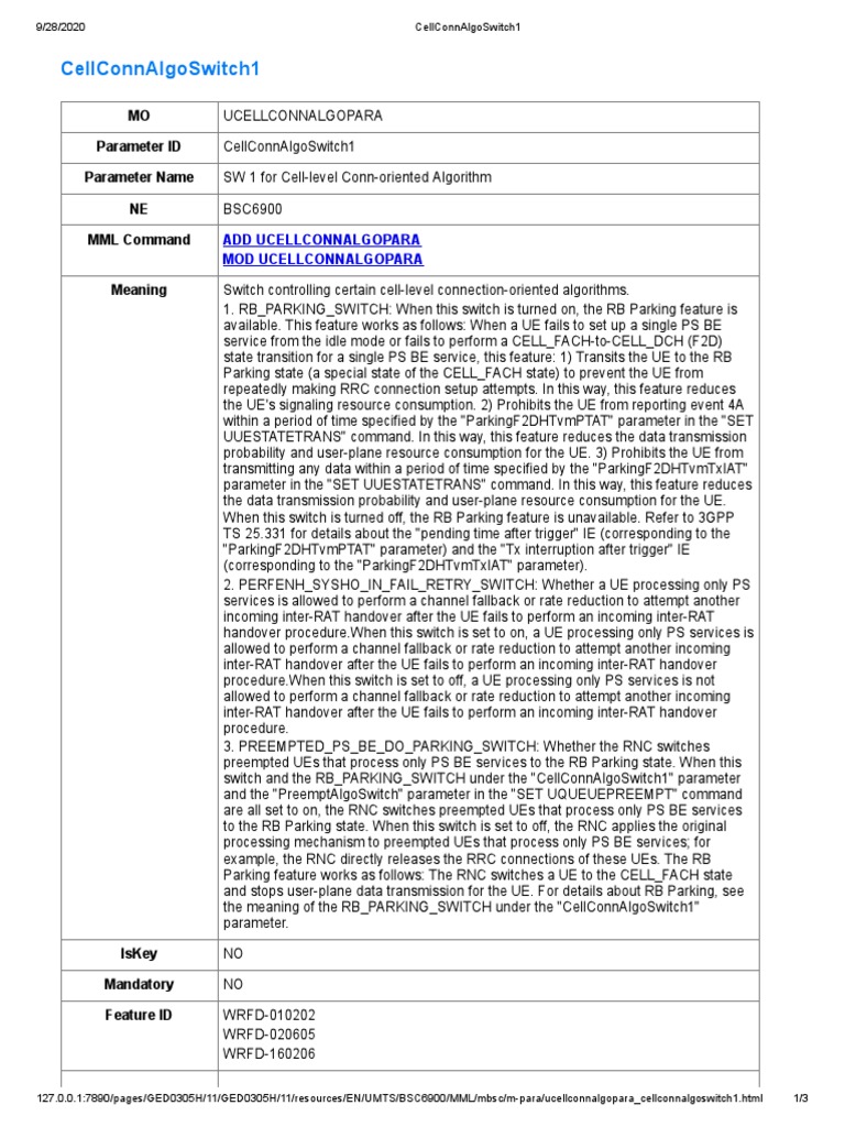 Cellconnalgoswitch1: Mo Parameter Id Parameter Name Ne MML Command | PDF | Parameter (Computer ...