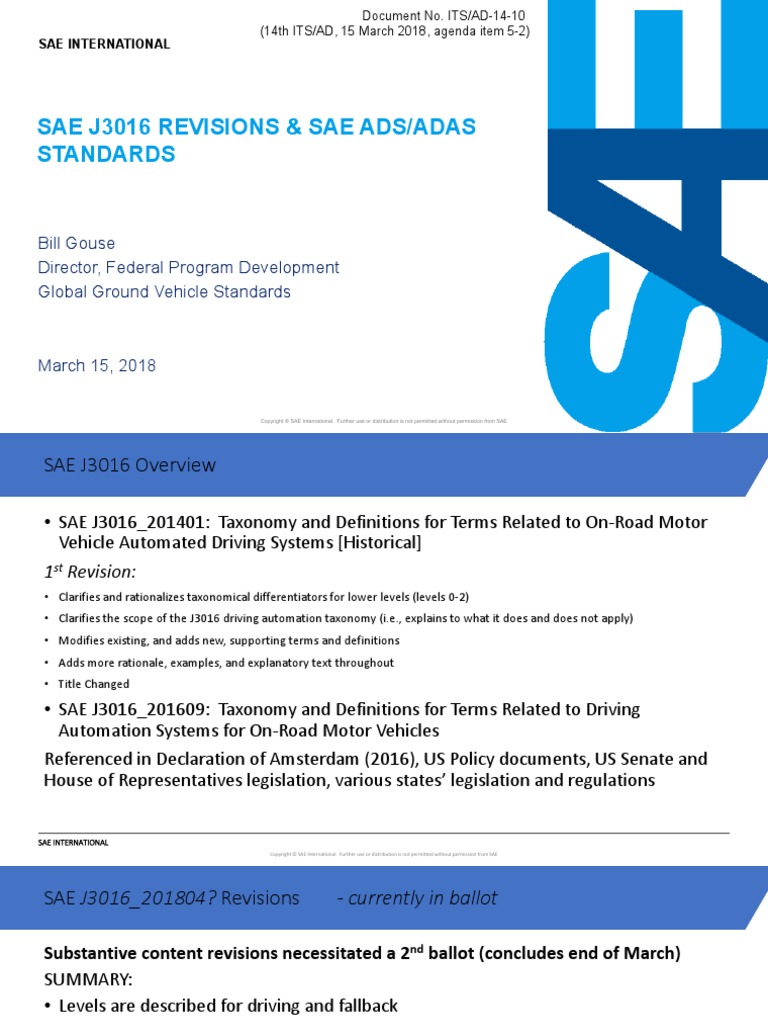 Sae J3016 Revisions & Sae Ads/Adas Standards | PDF | Automation | Vehicles