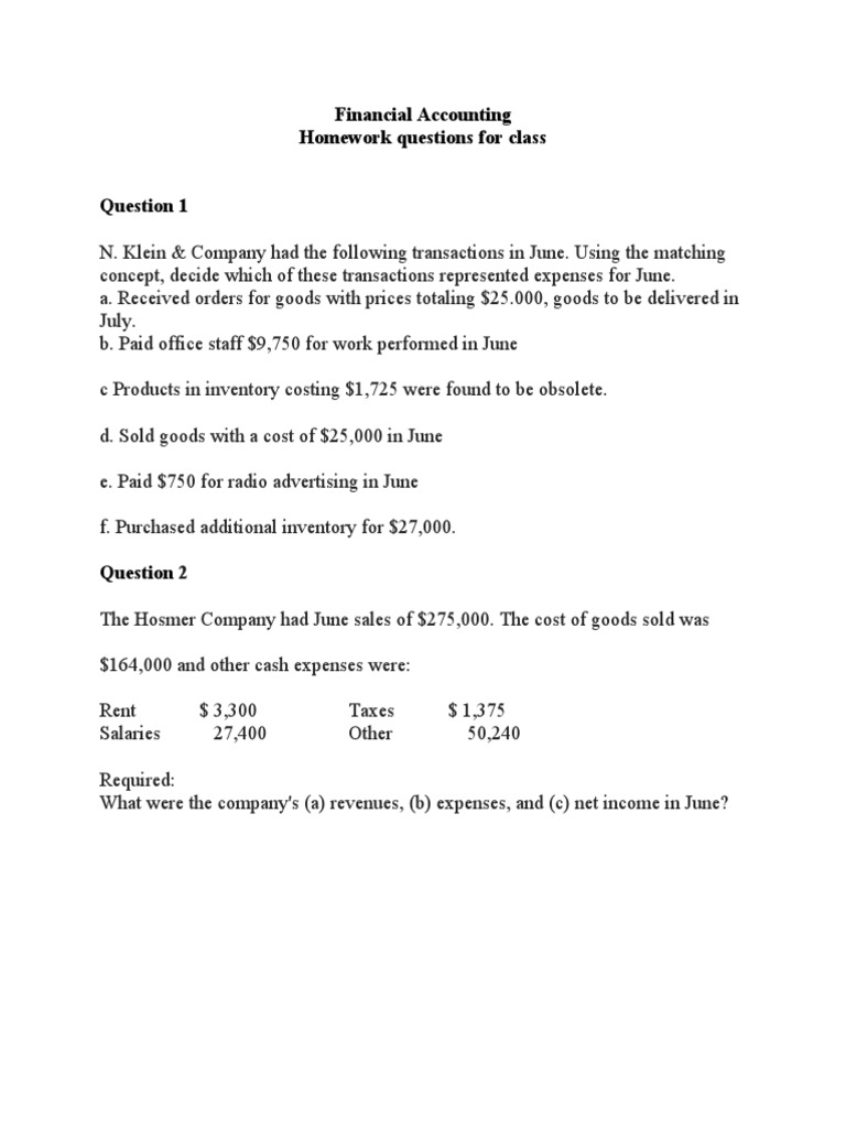 Financial Accounting Homework Questions For Class | PDF