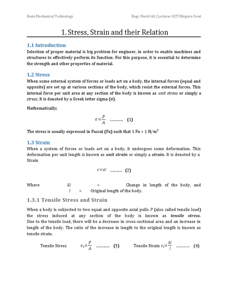 1. Stress, Strain and their Relation: stress. It is denoted by a Greek ...