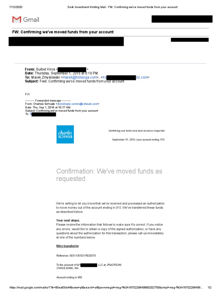 (Sept 1, 2016) Schwab Wire Confirmation To Marek - Redacted PDF | PDF ...