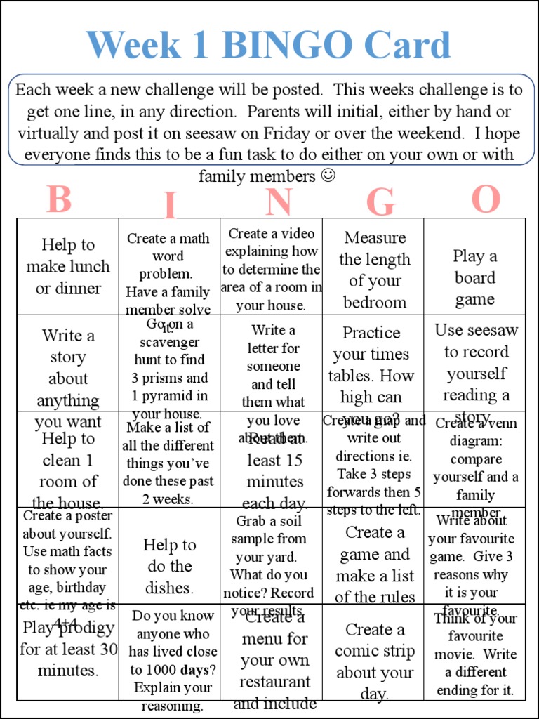 Week 1 BINGO Card: B I N G O | PDF | Restaurant And Catering